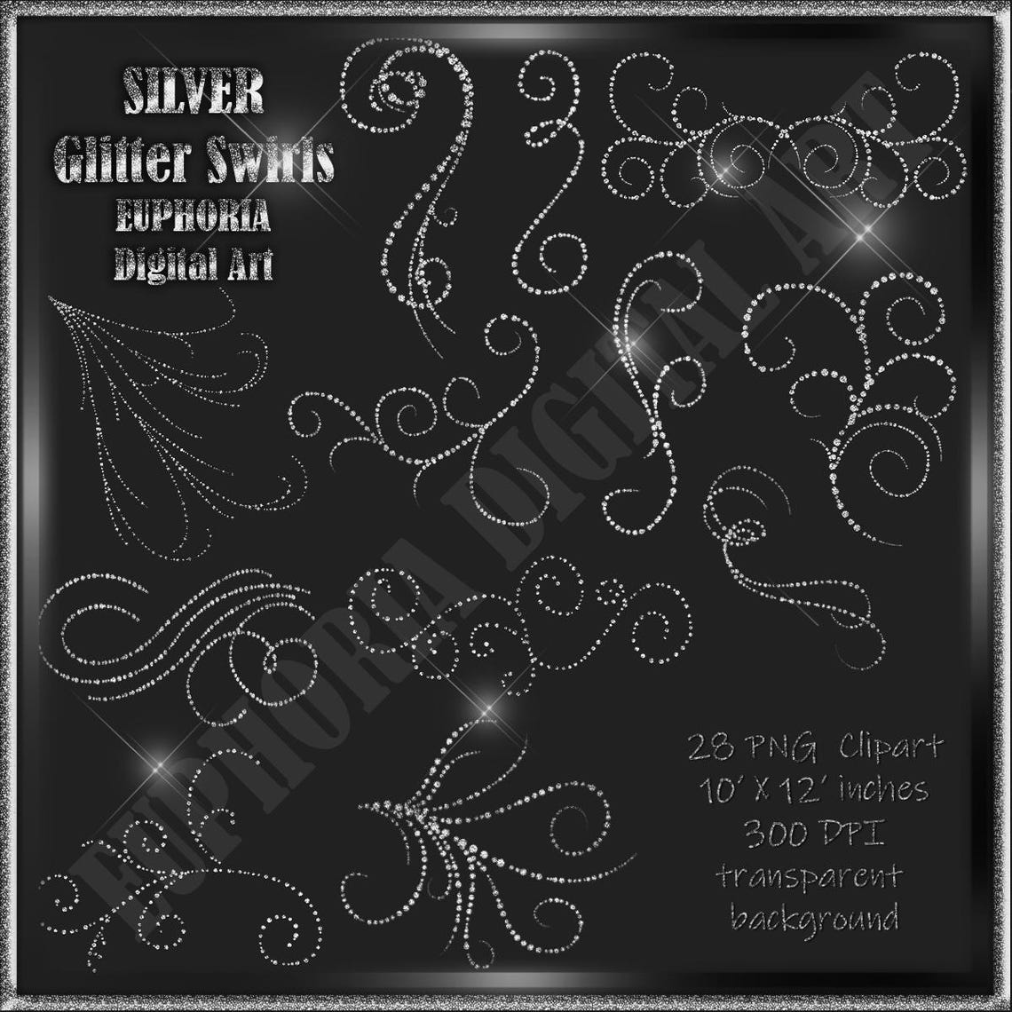 SILVER Glitter Swirls Clipart, Gold Sparkle PNG Overlays Gold Glitter ...