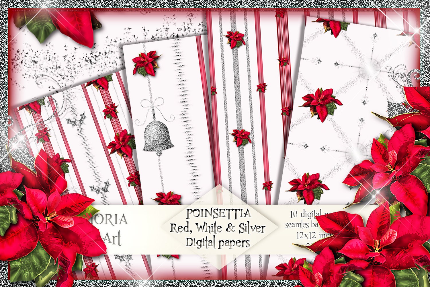 POINSETTIA Red, White & Silver Digital Seamless Papers Christmas ...