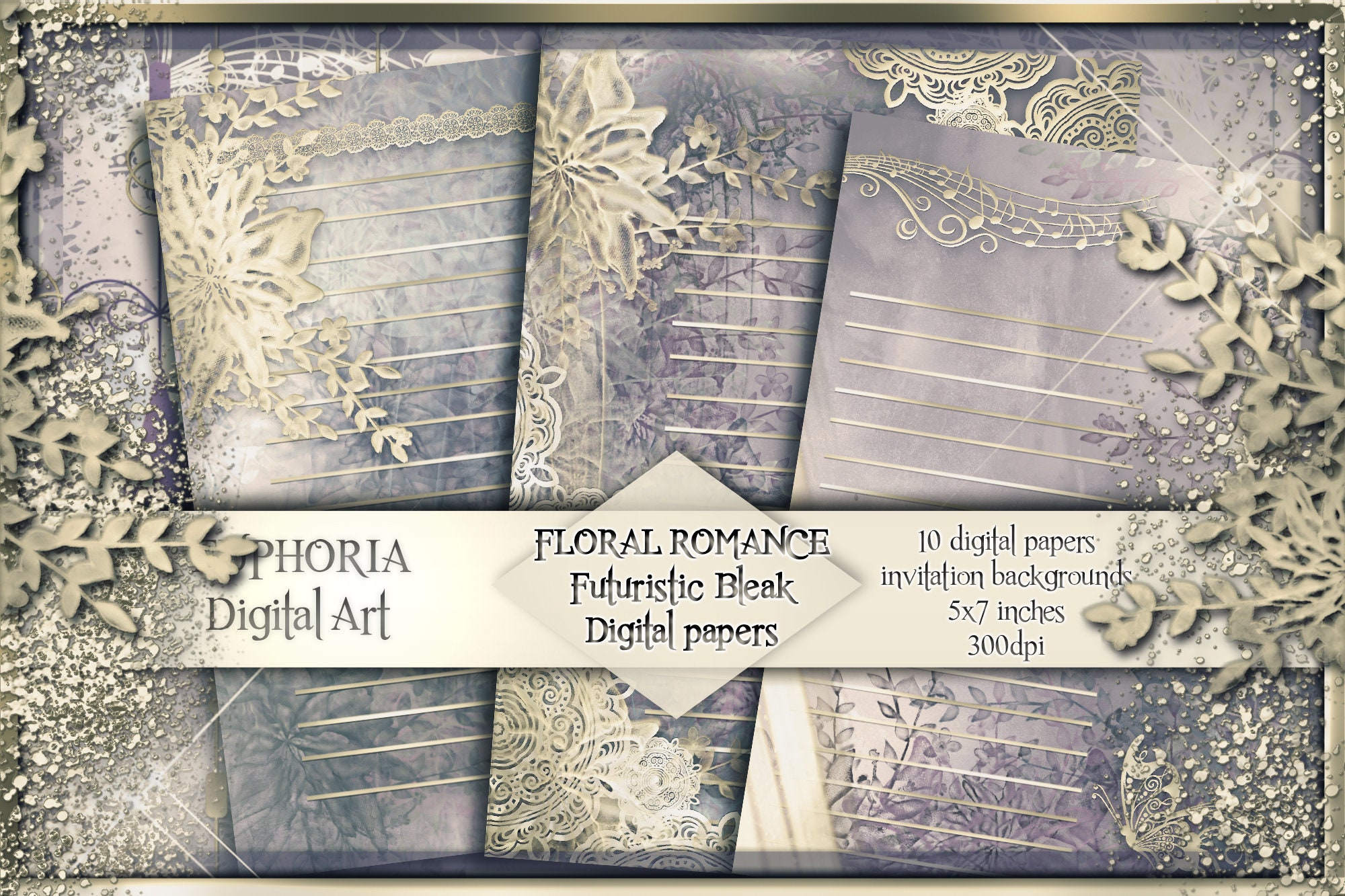 FLORAL ROMANCE Futuristic Bleak Vintage Digital Papers 5'x7 ...