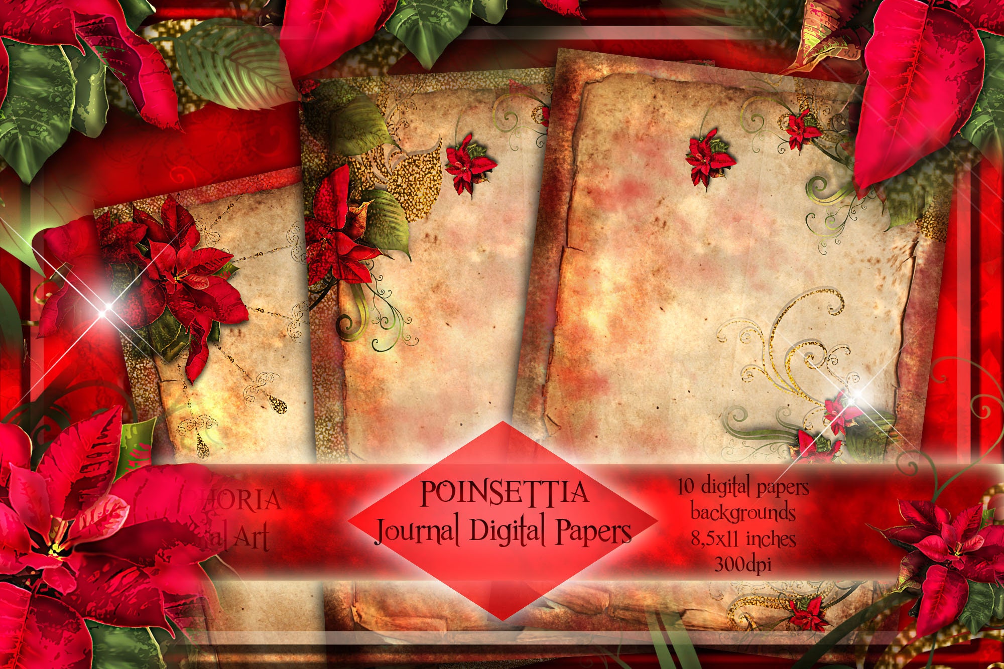 Poinsettia Christmas Journal Paper, Vintage Style (digital Download) - Etsy
