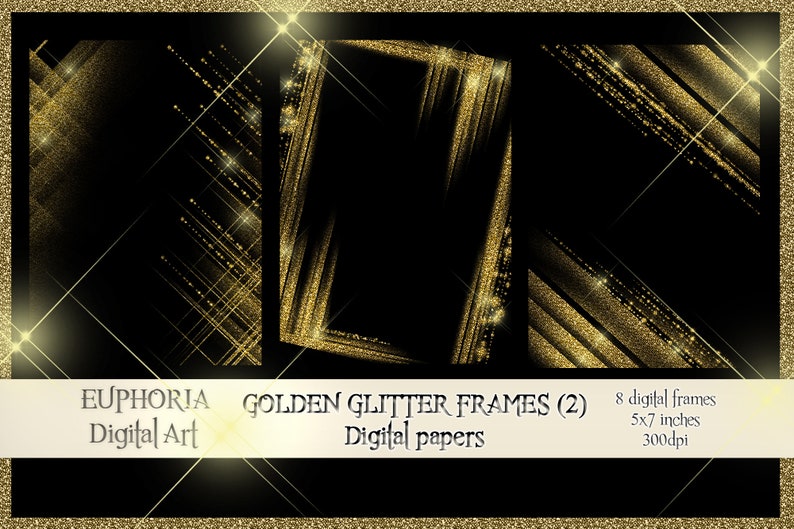 GOLD GLITTER Digital Frames (2) Overlays Backgrounds Scrapbook Sparkle ...