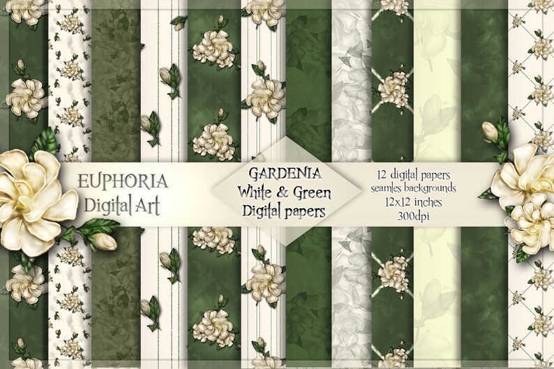 GARDENIA White & Green Floral Digital Papers Background - Etsy
