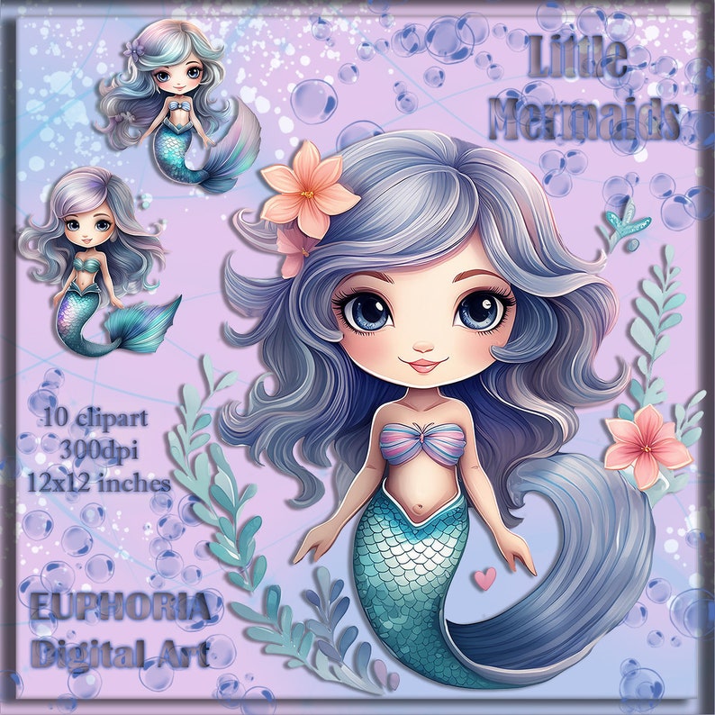 Little Mermaid PNG Clipart Bundle, Mermaid PNG, Scrapbooking, Cute ...