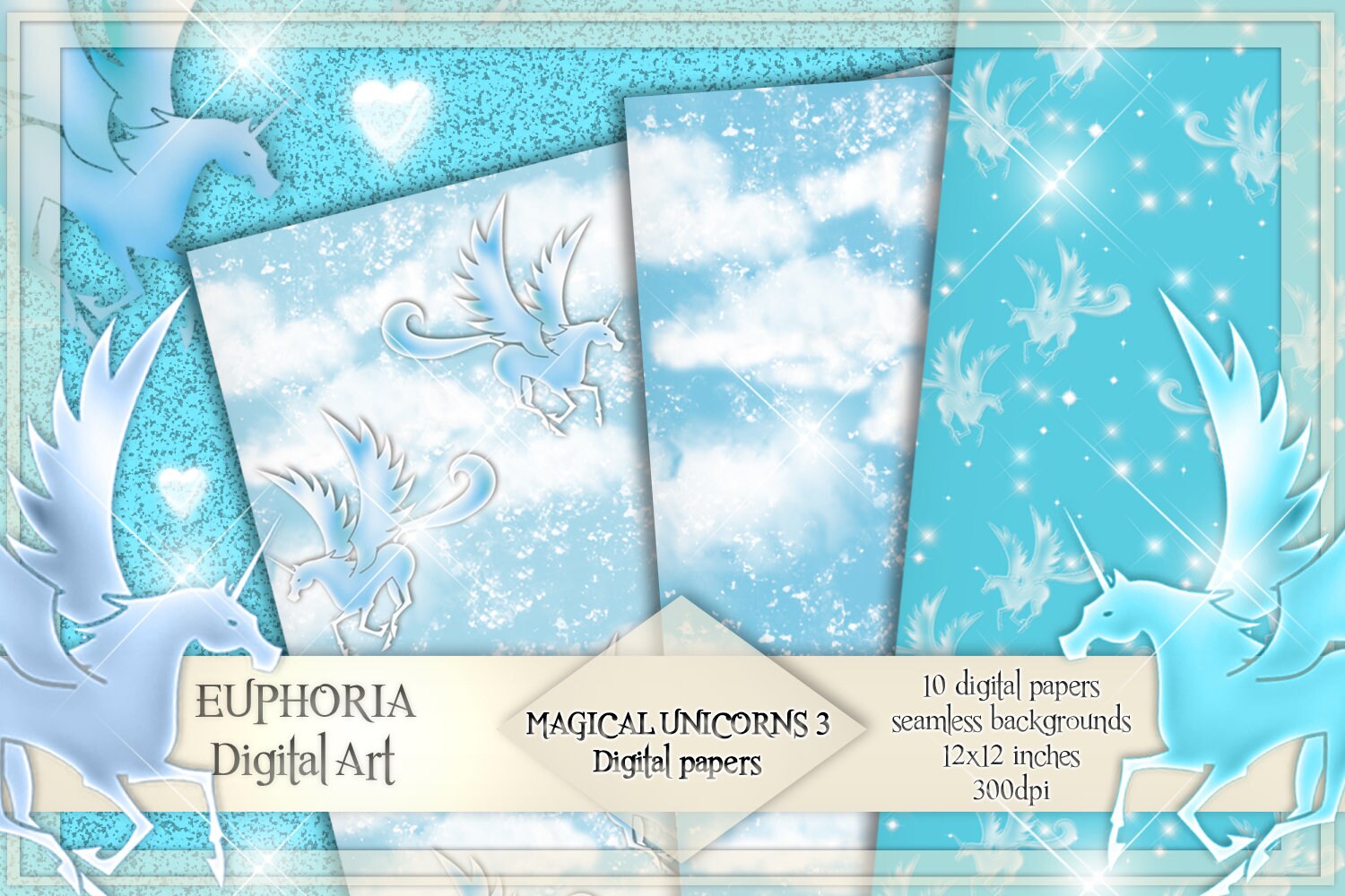 MAGICAL UNICORNS 3 blue Digital Papers Backgrounds - Etsy