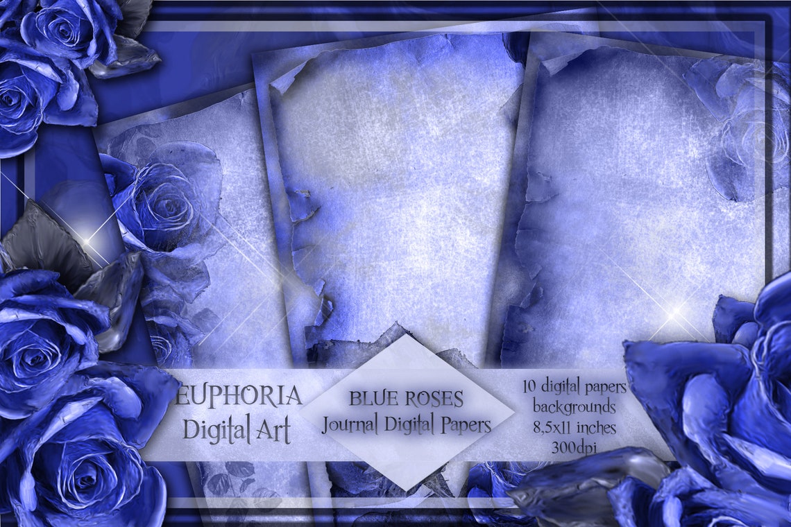 BLUE ROSES Printable Journal Papers Blue Vintage Old Style Floral ...