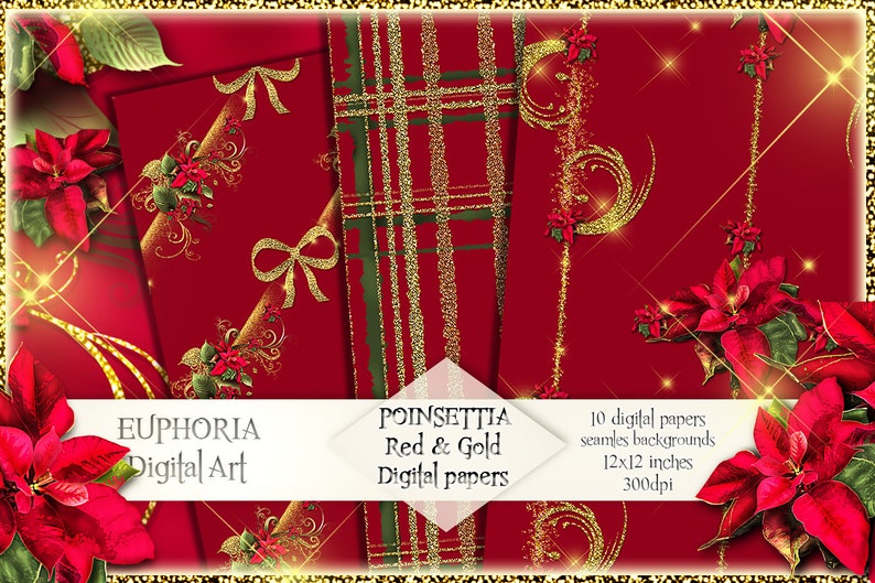 POINSETTIA Red & Gold Digital Seamless Papers Christmas Patterns ...