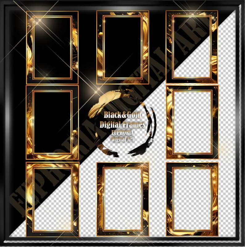 BLACK & GOLD Digital Frames Overlays Backgrounds Scrapbook Sparkle ...