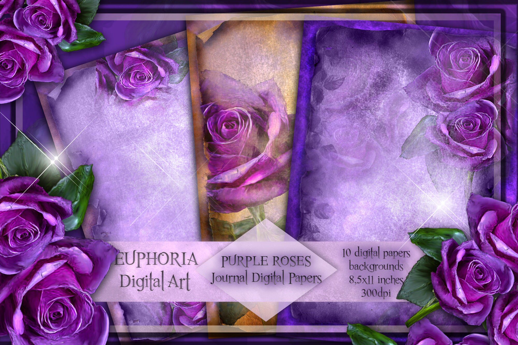 PURPLE ROSES Printable Journal Papers Purple Vintage Old Style - Etsy