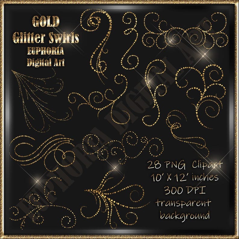 GOLD Glitter Swirls Clipart, Gold Sparkle Png Overlays, Gold Glitter ...