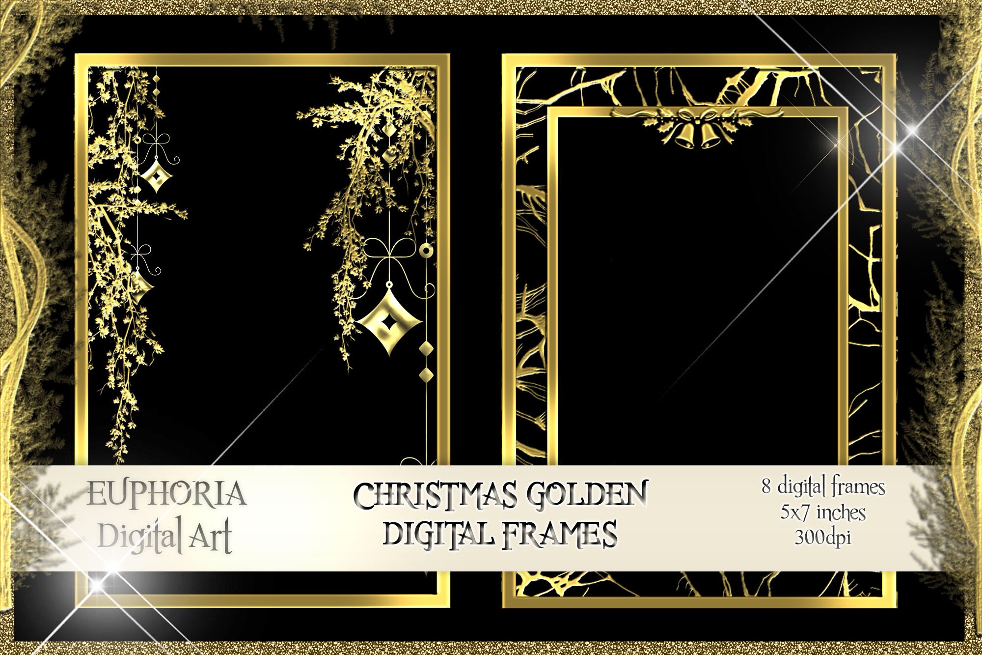 GOLD CHRISTMAS Digital Frames Overlays Backgrounds Scrapbook Sparkle ...