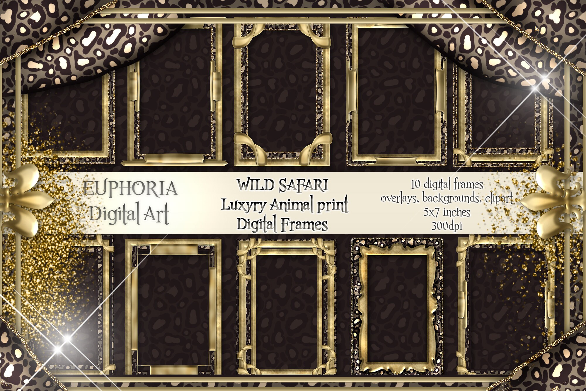 WILD SAFARI Luxyry Animal Print Gold Digital Frames 3D Overlays Clipart ...