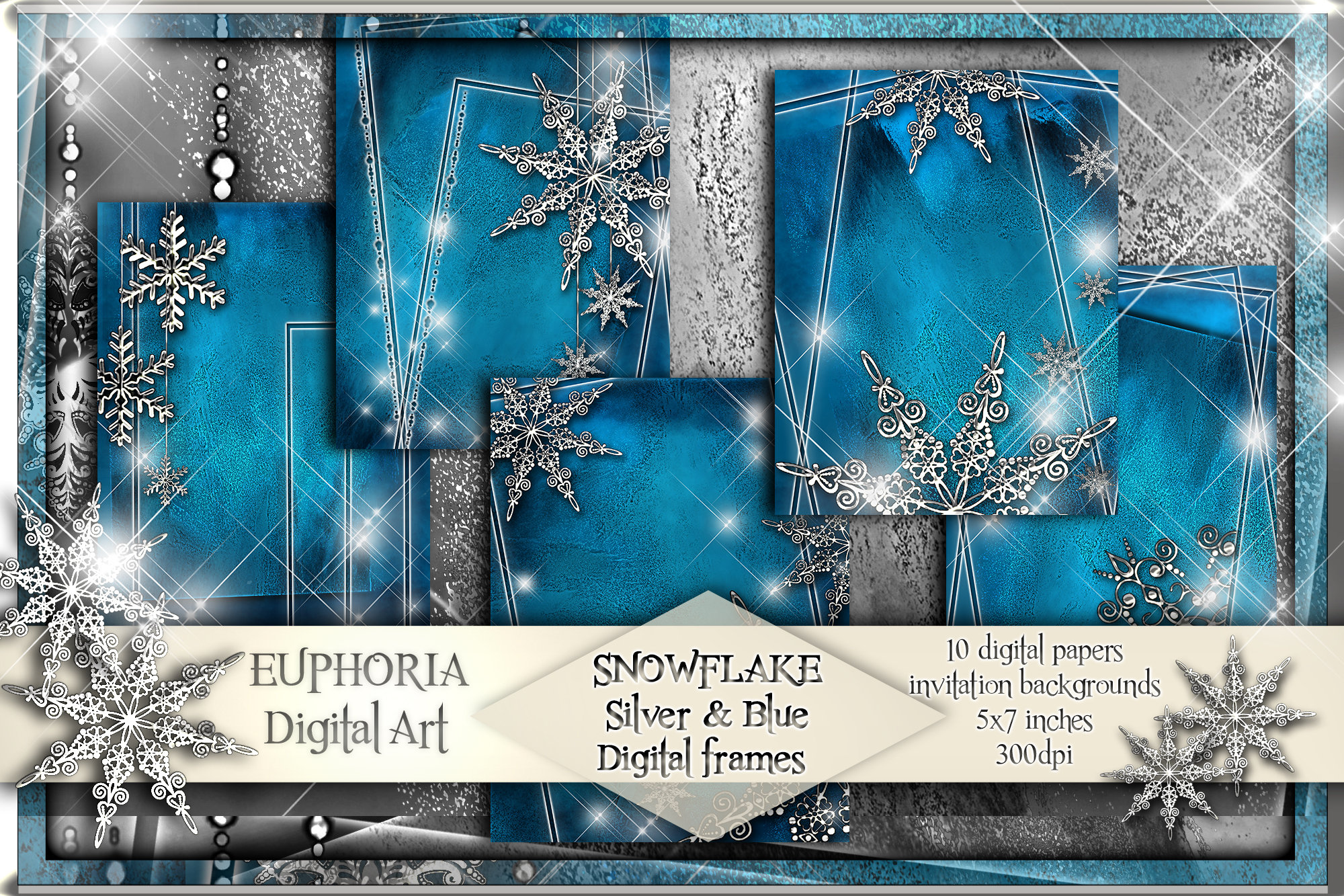 SNOWFLAKE Silver & Blue Digital Frames Backdrops Papers Invitation ...