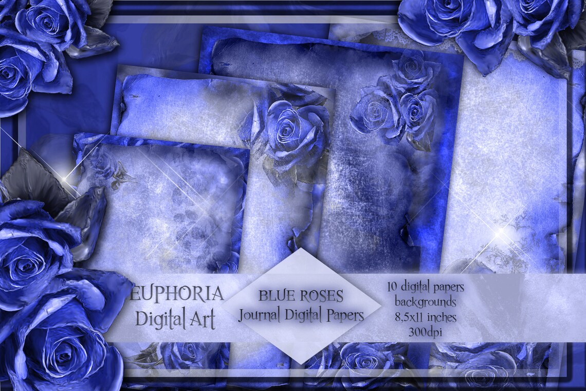 BLUE ROSES Printable Journal Papers Blue Vintage Old Style Floral ...