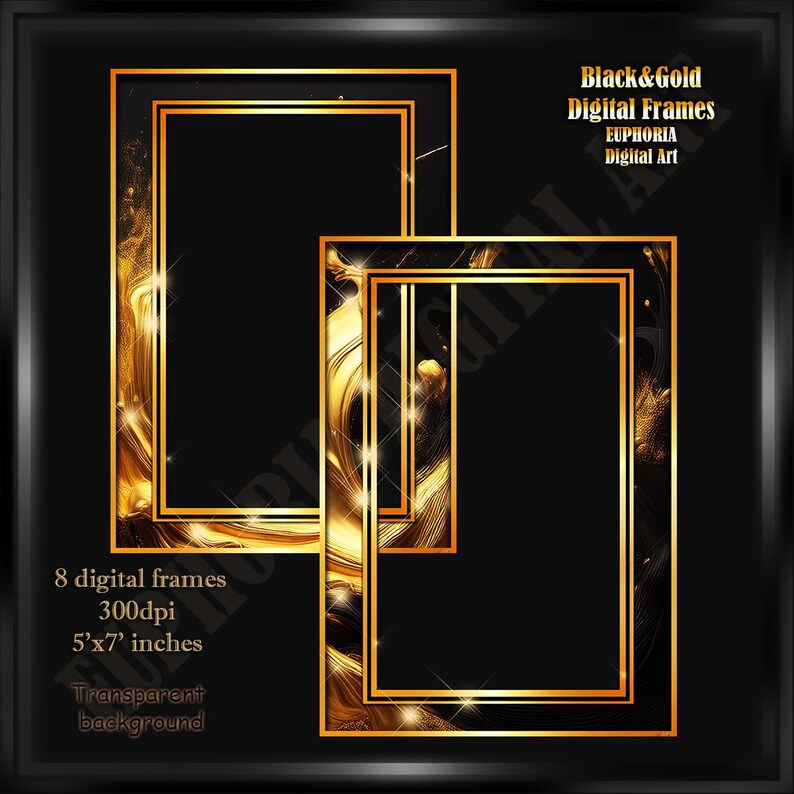 BLACK & GOLD Digital Frames Overlays Backgrounds Scrapbook Sparkle ...