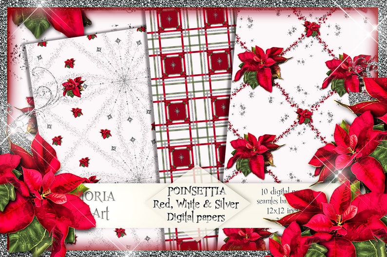 POINSETTIA Red, White & Silver Digital Seamless Papers Christmas ...