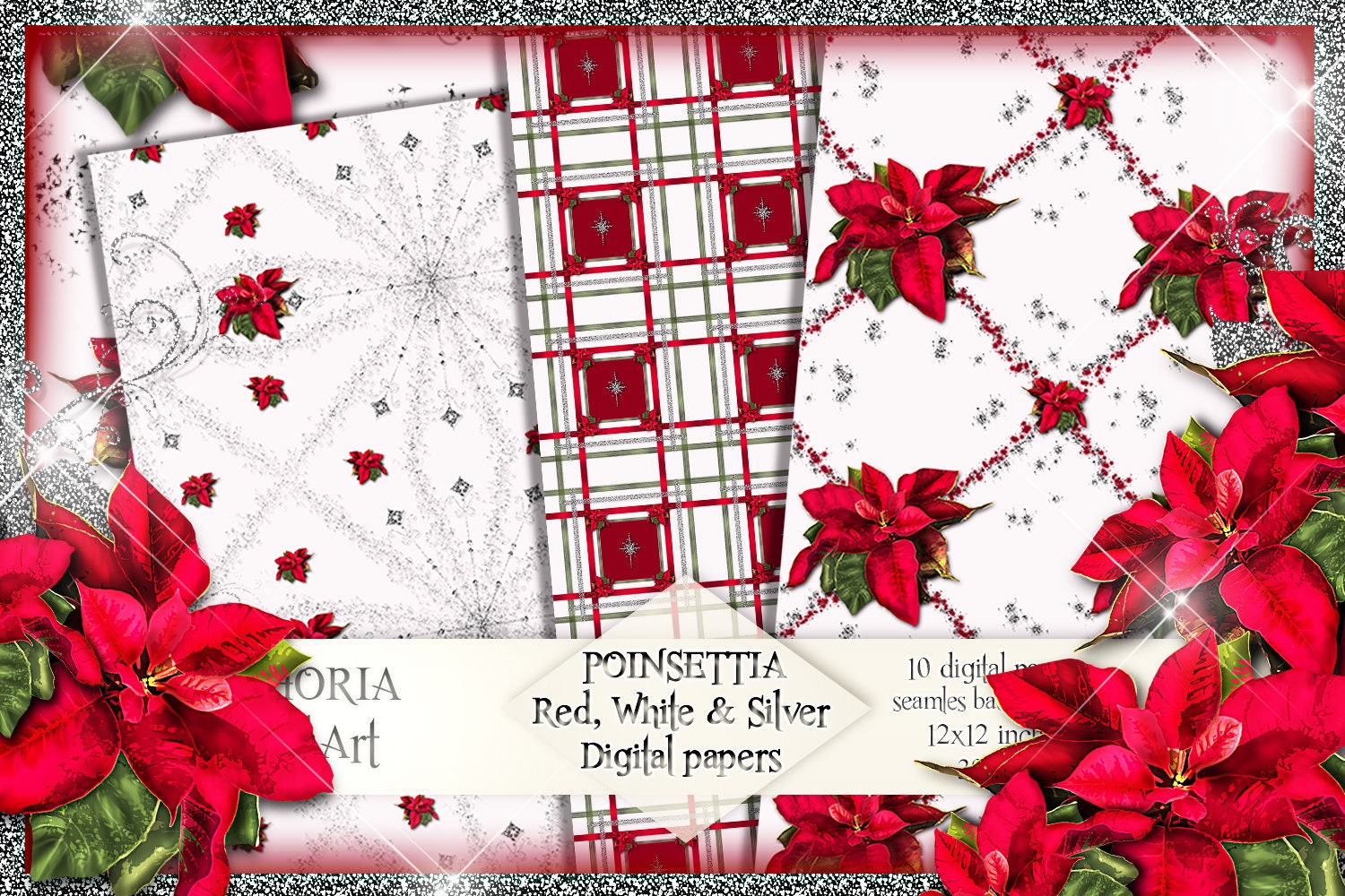 POINSETTIA Red, White & Silver Digital Seamless Papers Christmas ...