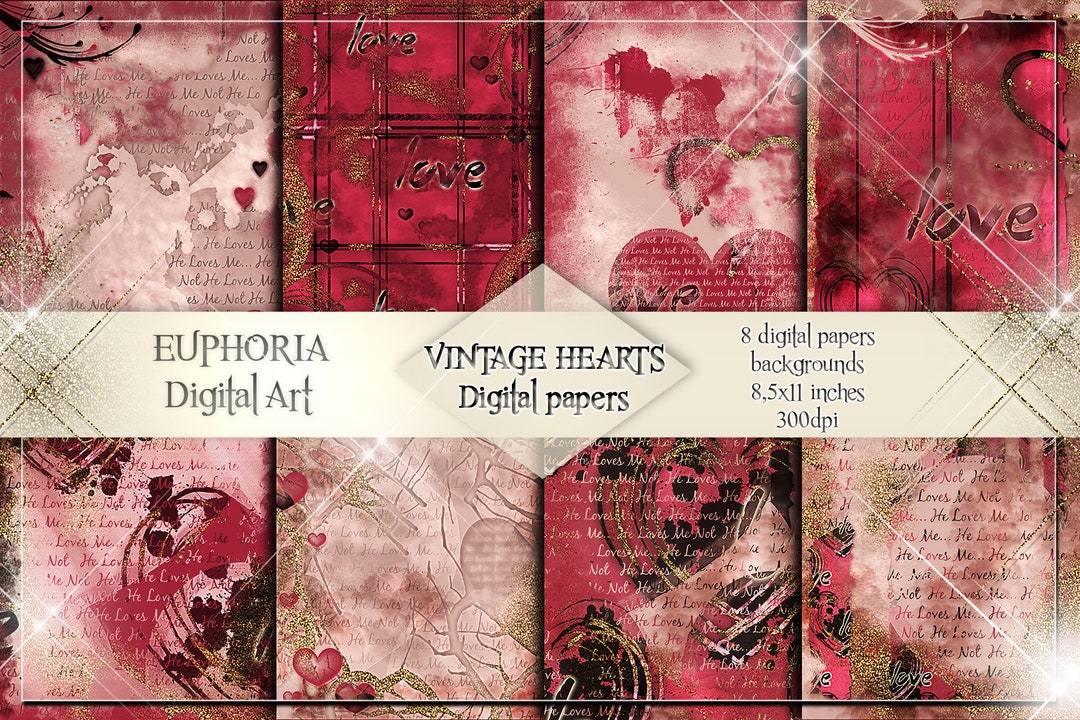 VINTAGE HEARTS Red, Pink & Gold Digital Papers 8,5'x11' Valentine ...