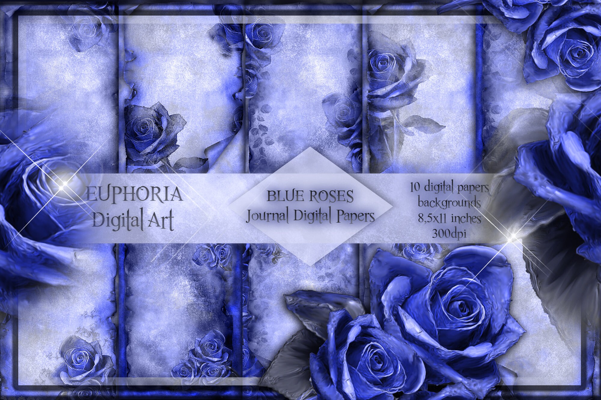 BLUE ROSES Printable Journal Papers Blue Vintage Old Style Floral ...