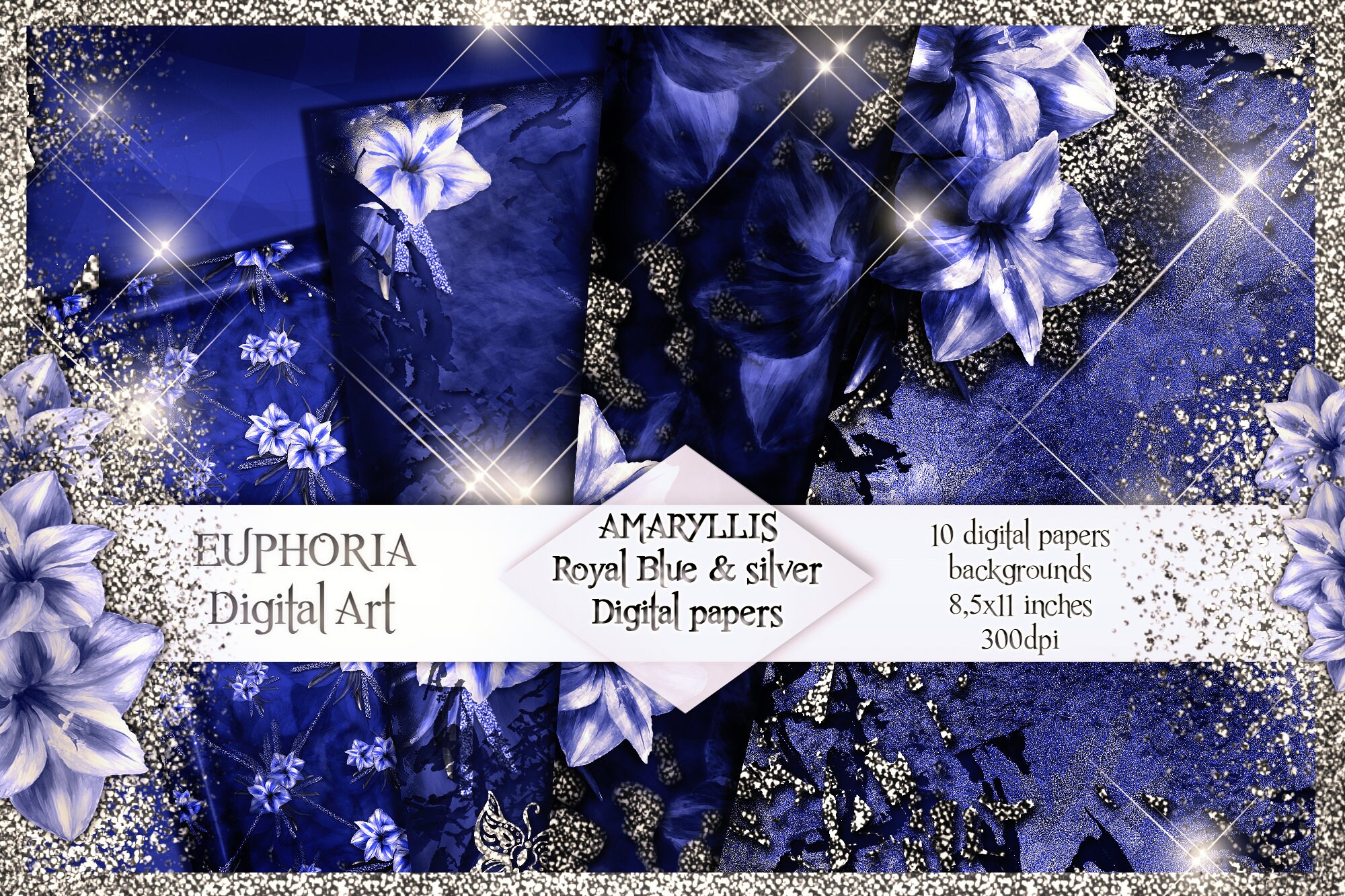 AMARYLLIS Royal Blue & Silver Floral Digital Papers 8,5'x11 ...
