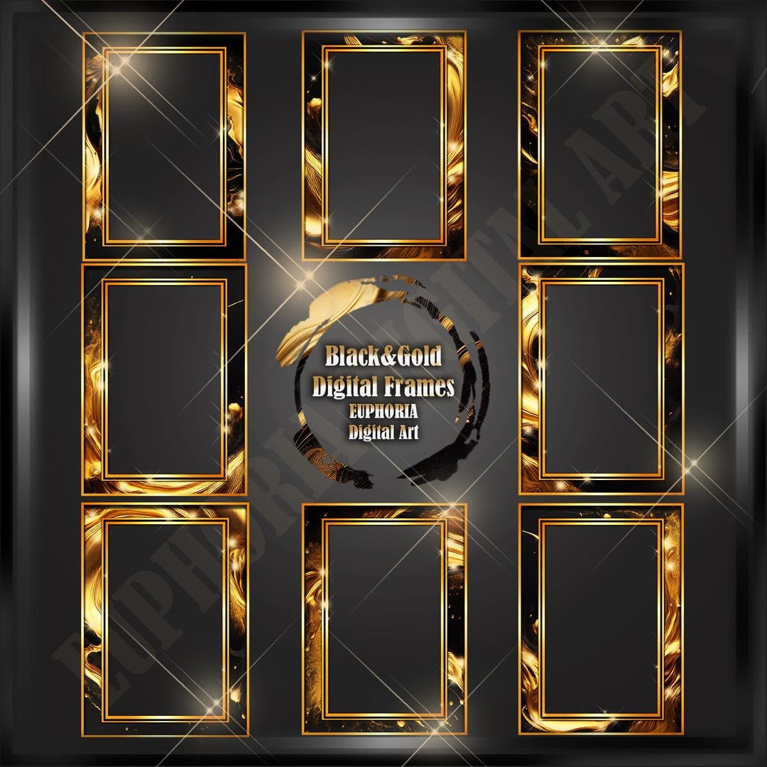 BLACK & GOLD Digital Frames Overlays Backgrounds Scrapbook Sparkle ...
