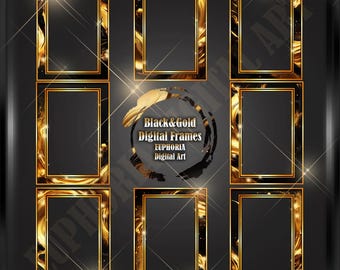 Gold Glitter Digital Frames: Black & Gold Overlays (PNG) - Etsy