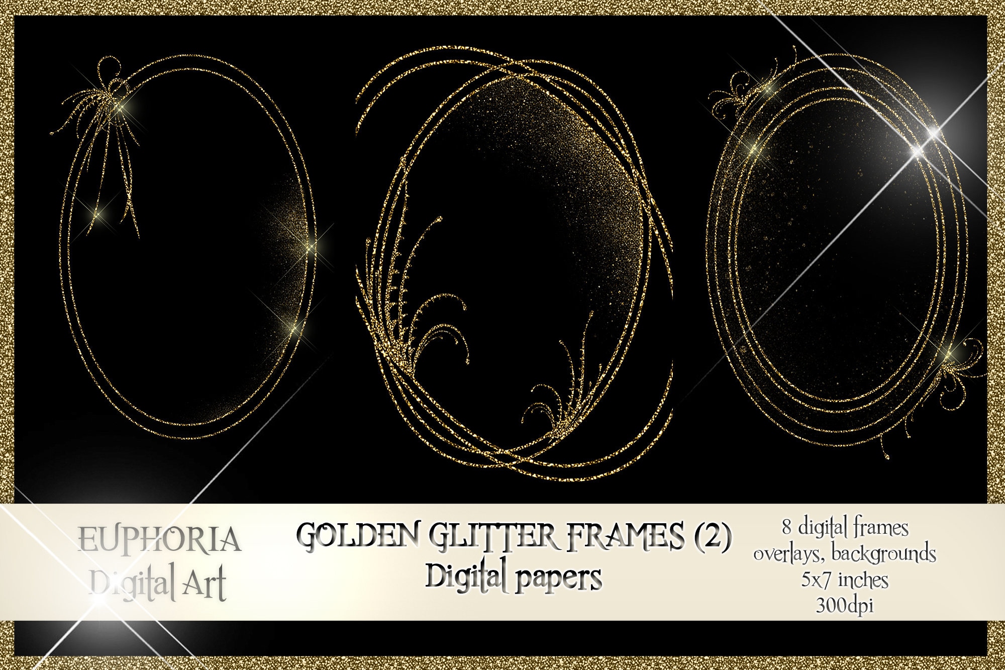 GOLD GLITTER Digital Frames 2 Overlays Backgrounds Scrapbook Sparkle ...
