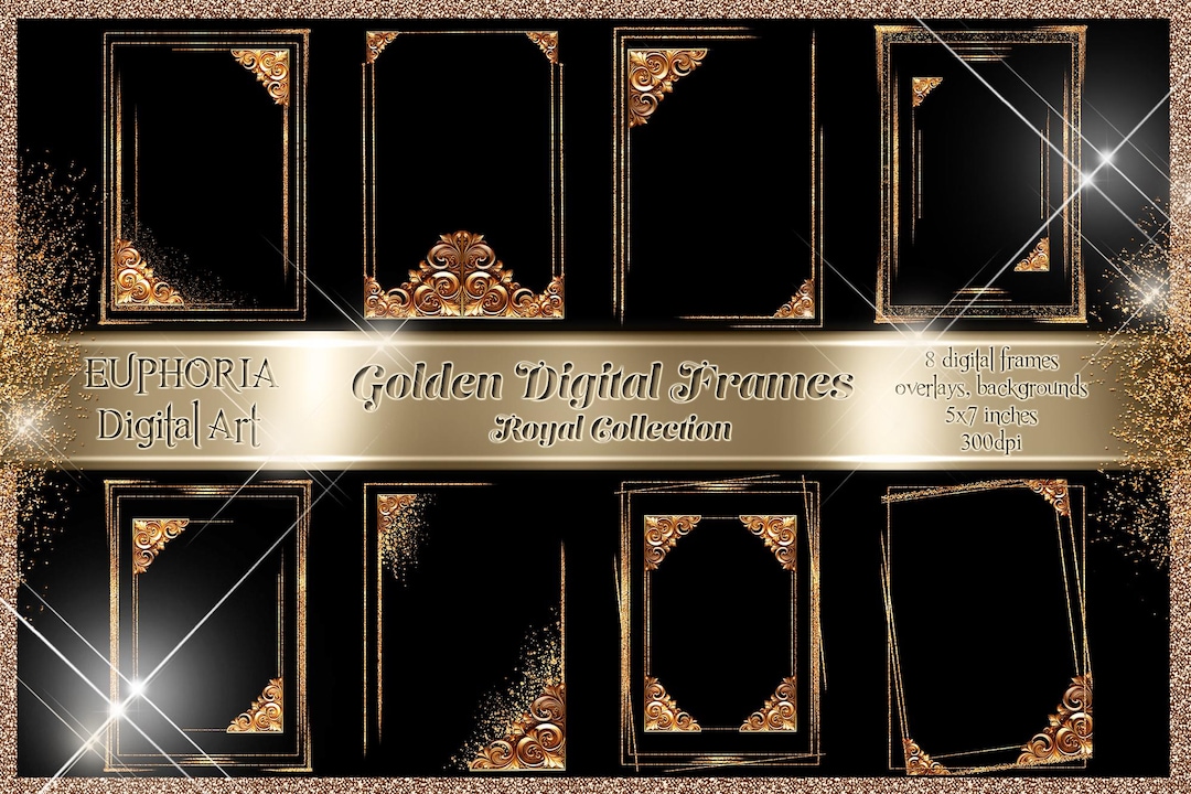 GOLD GLITTER Digital Frames Overlays Backgrounds, Elegant Frames ...