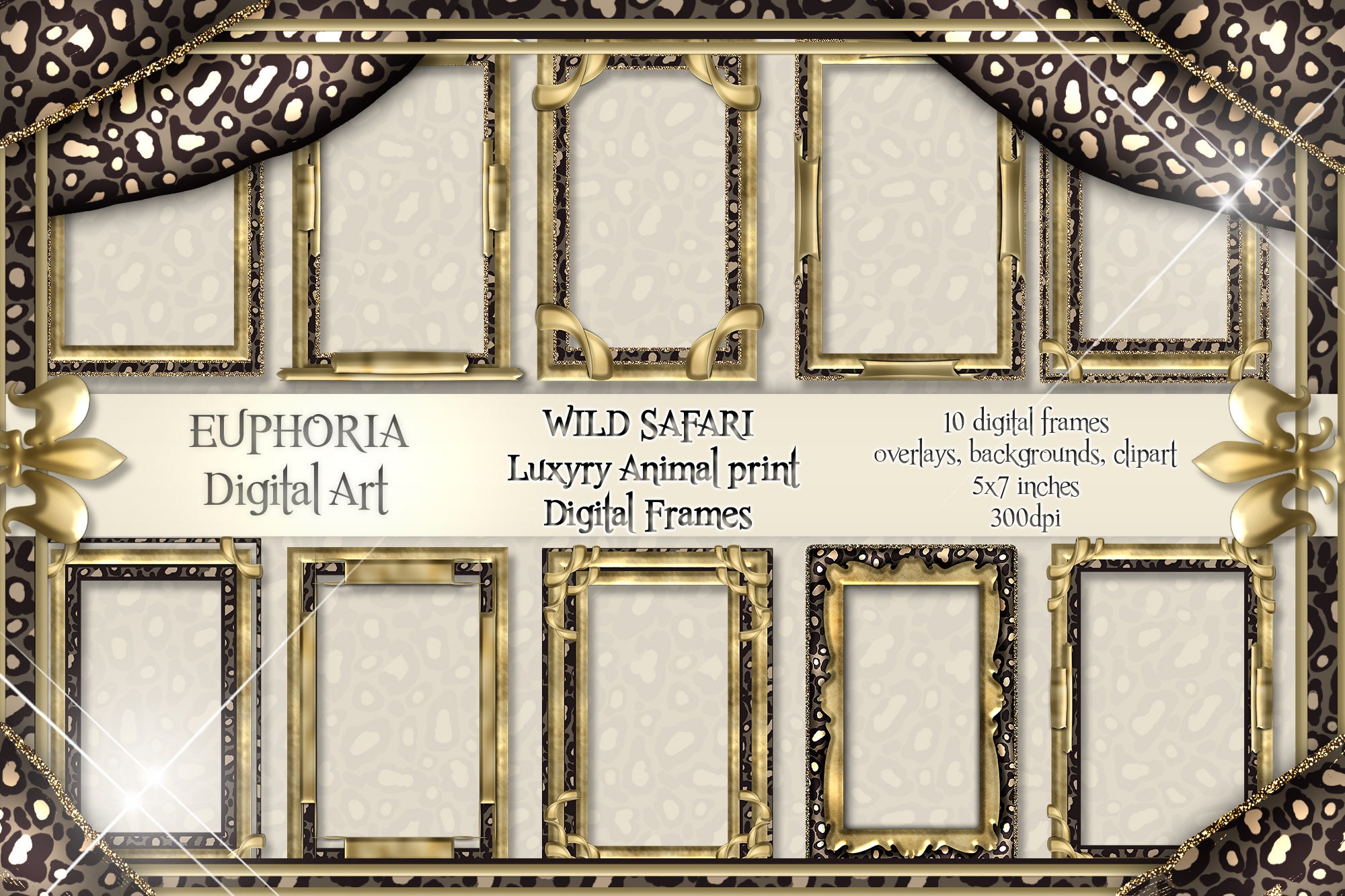 WILD SAFARI Luxyry Animal Print Gold Digital Frames 3D Overlays Clipart ...