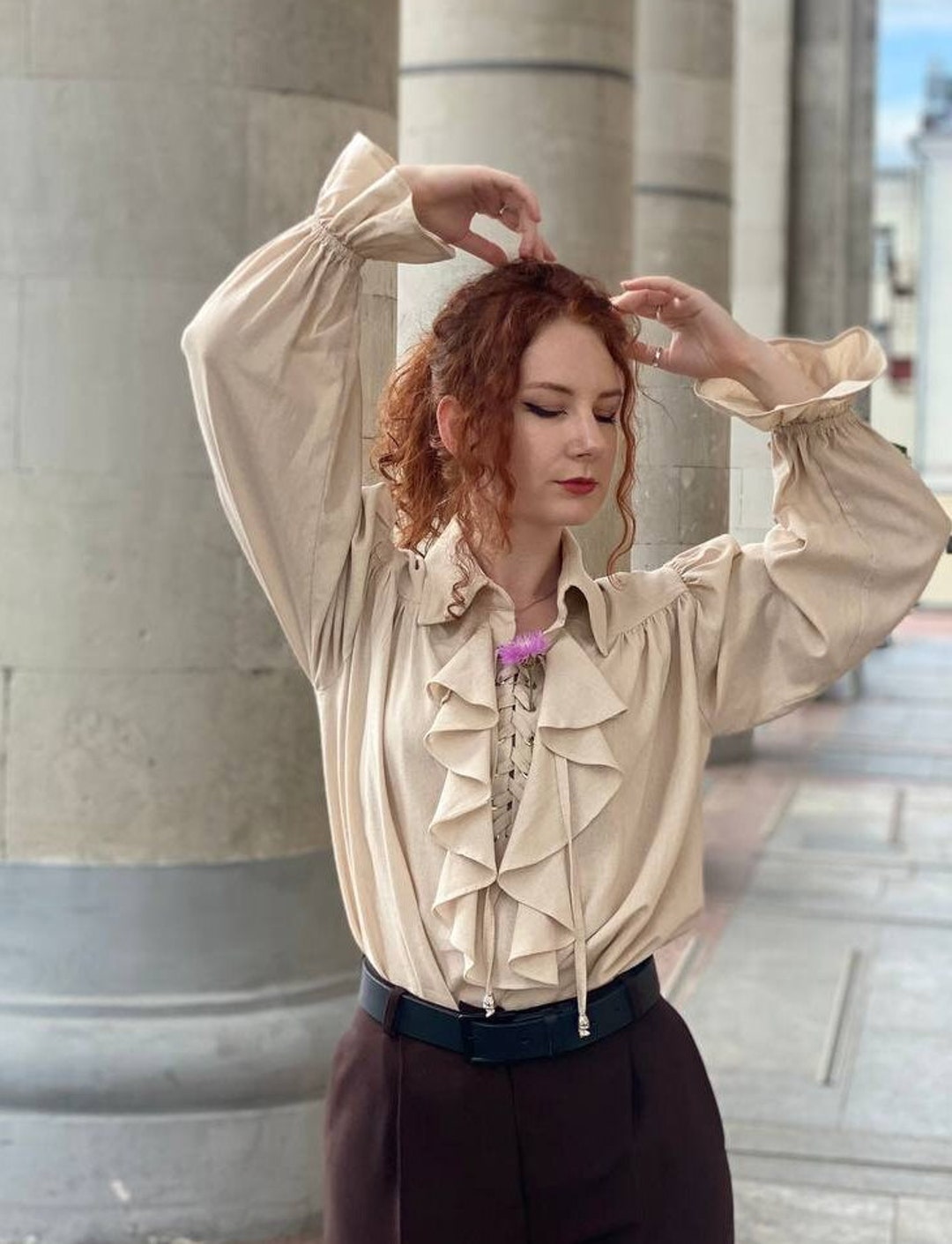 Linen Poet Blouse, Victorian Ruffle Shirt for Women, Peasant Natural ...