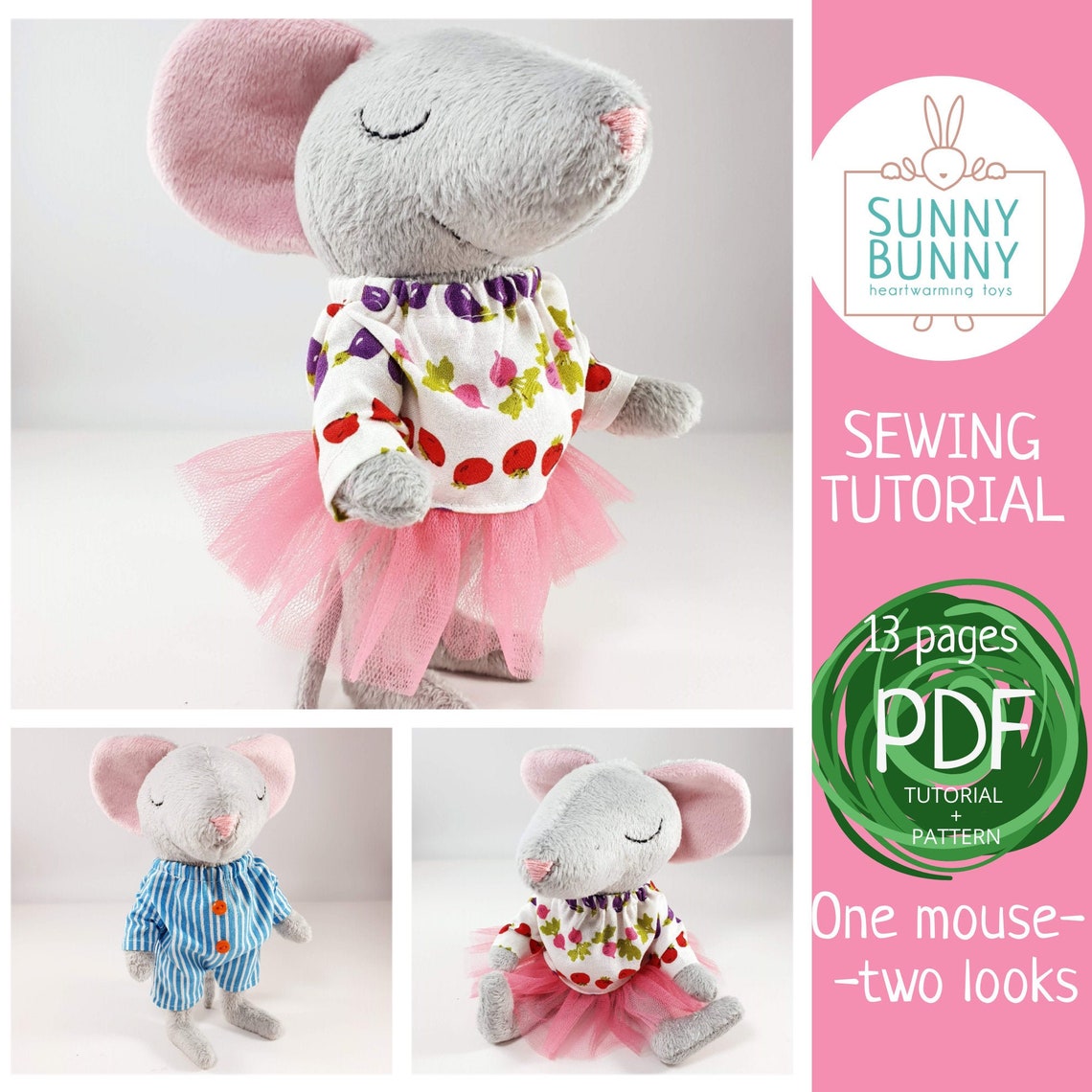 Mouse Stuffed Toy PDF Tutorial and Pattern. Mouse rat Toy With and Two ...