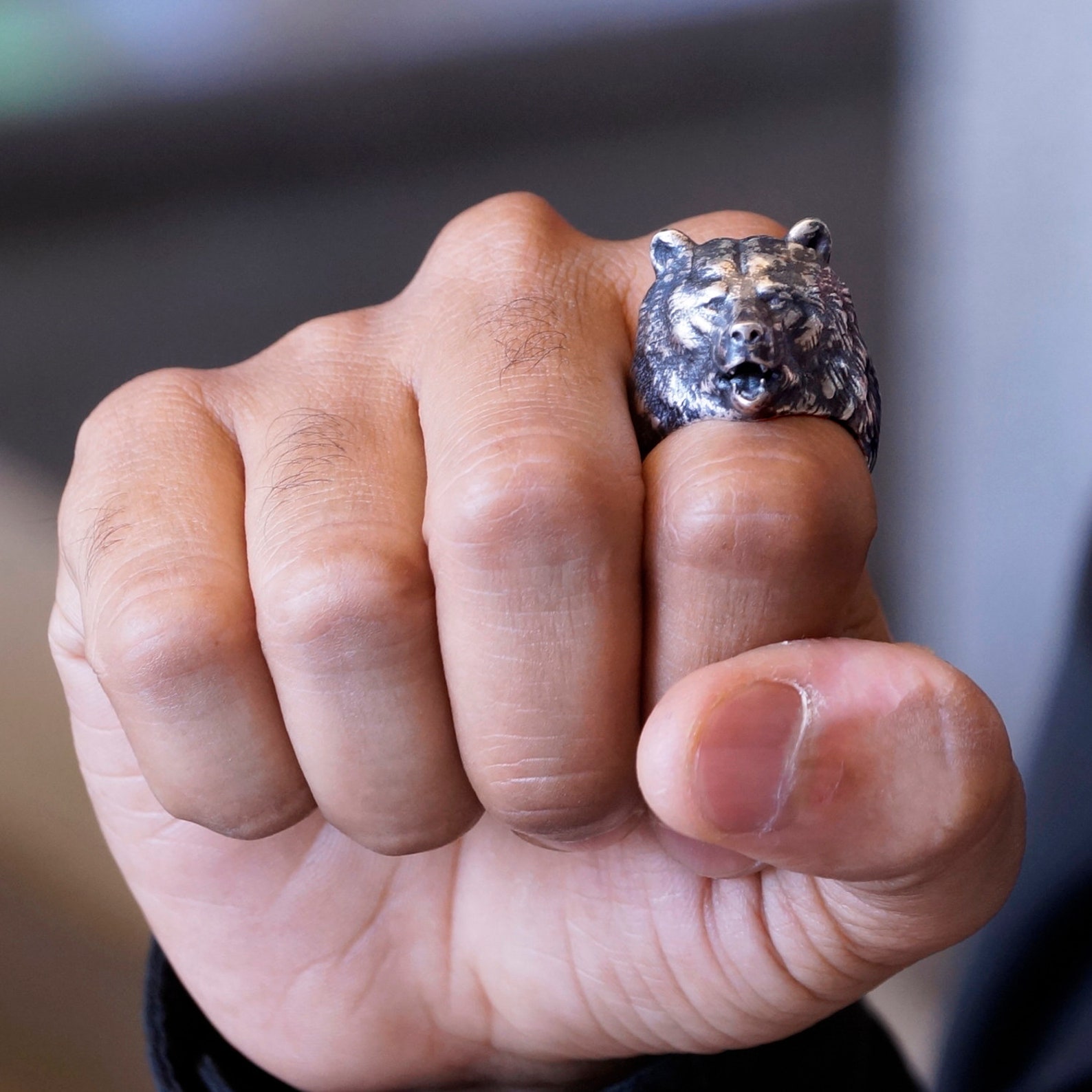 Bear Animal ring Sterling Wild Animal ring Men's biker | Etsy