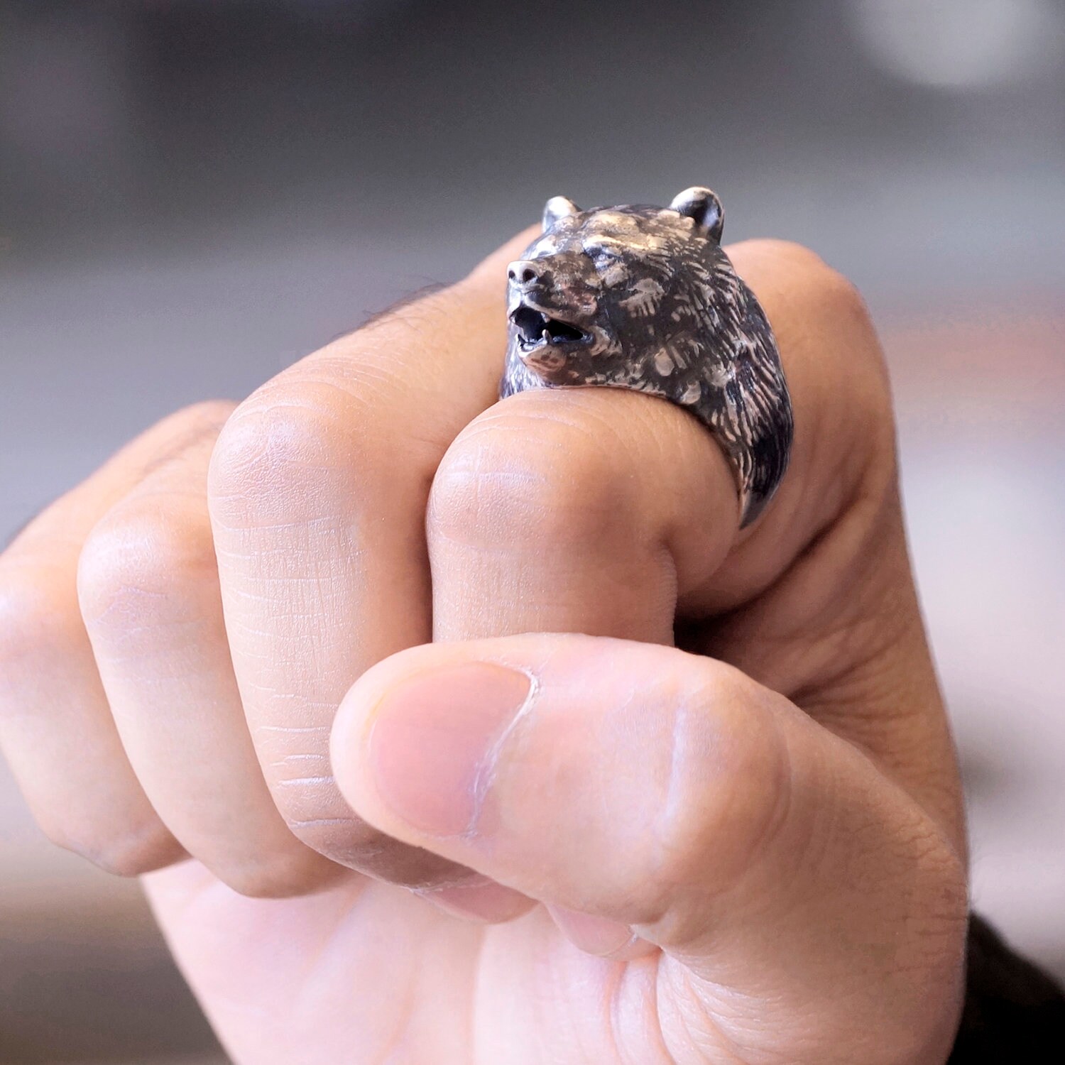 Bear Animal ring Sterling Wild Animal ring Men's biker | Etsy