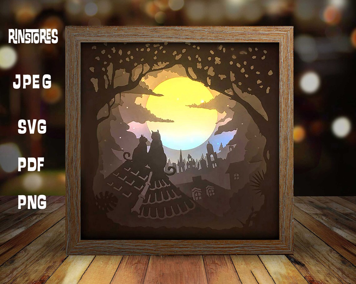 Moon Cats Paper Cut Light Box Template 3D Shadow Box Svg | Etsy
