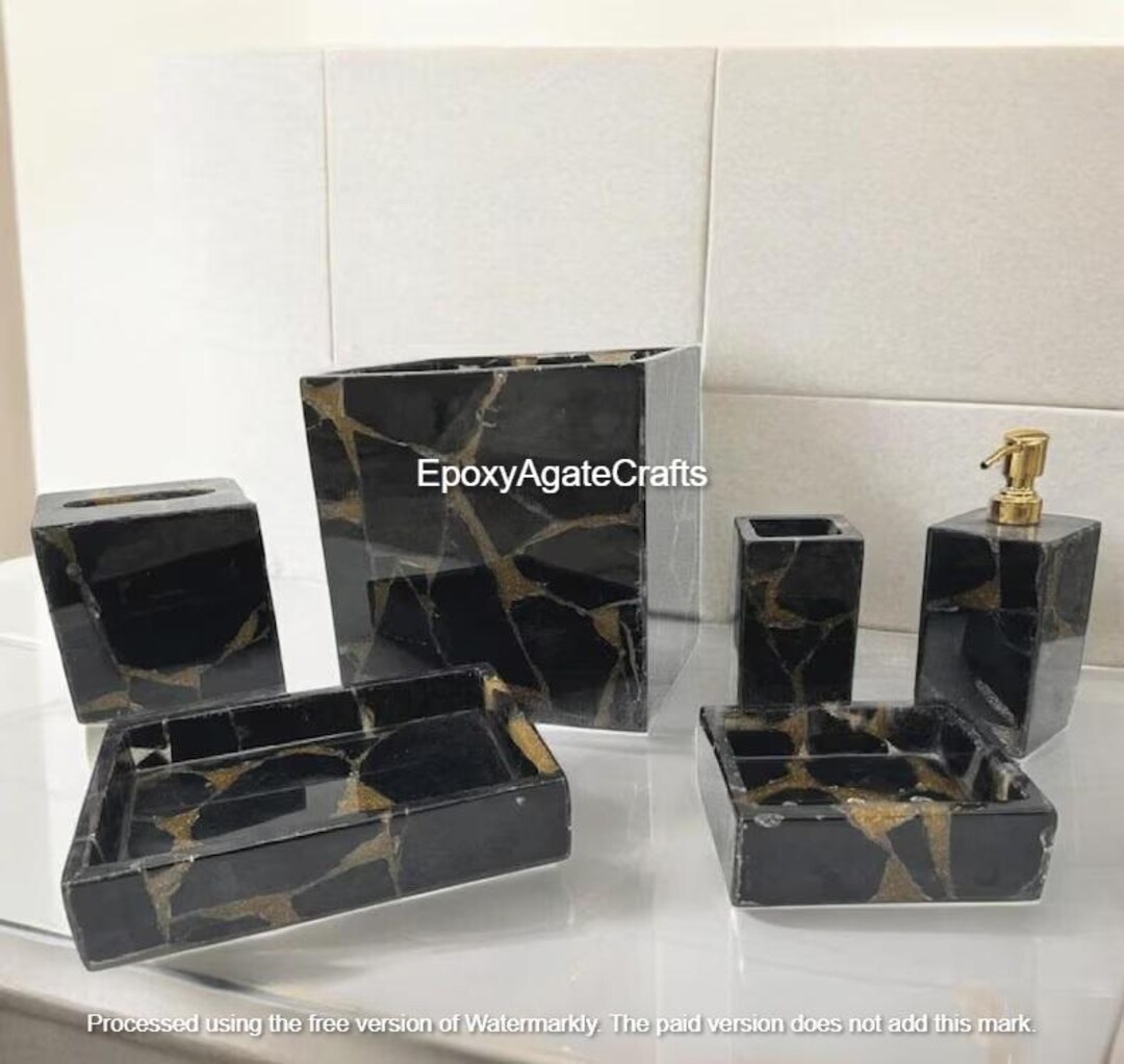 Modern Black Obsidian Stone Bathroom Set of 6 Pcs Bathroom Accessories ...