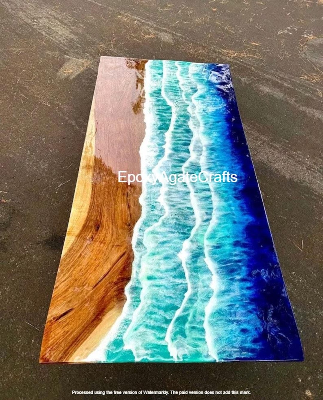 Custom Blue Ocean Wave Epoxy Resin Dining Table, Handmade Live Edge ...