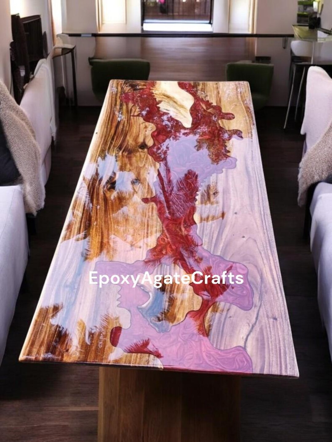 Red Epoxy Resin Center Sofa Dining Table Top Natural Acacia Wooden Live ...