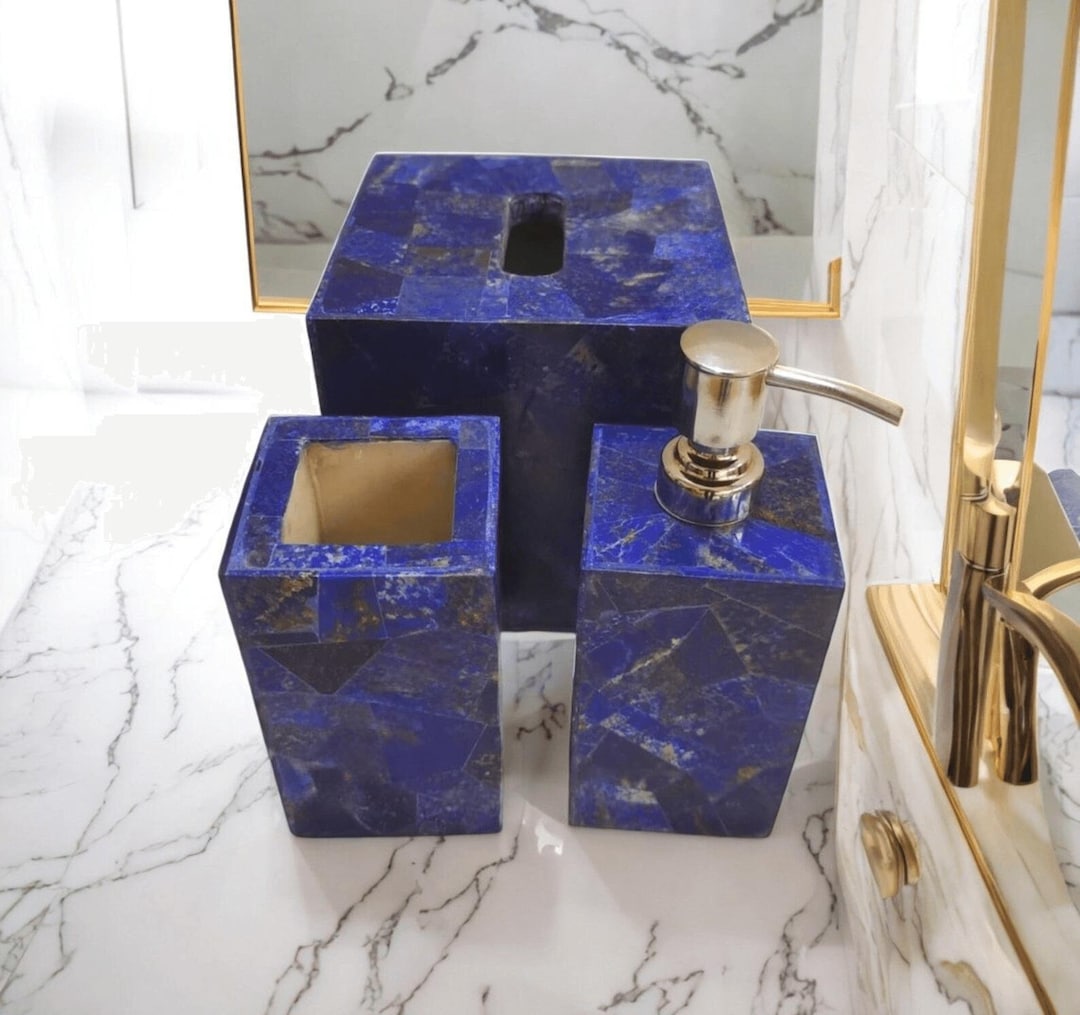 Handcrafted Marble Bathroom Set Lapis Lazuli, 3 Pieces, Marble Blue ...