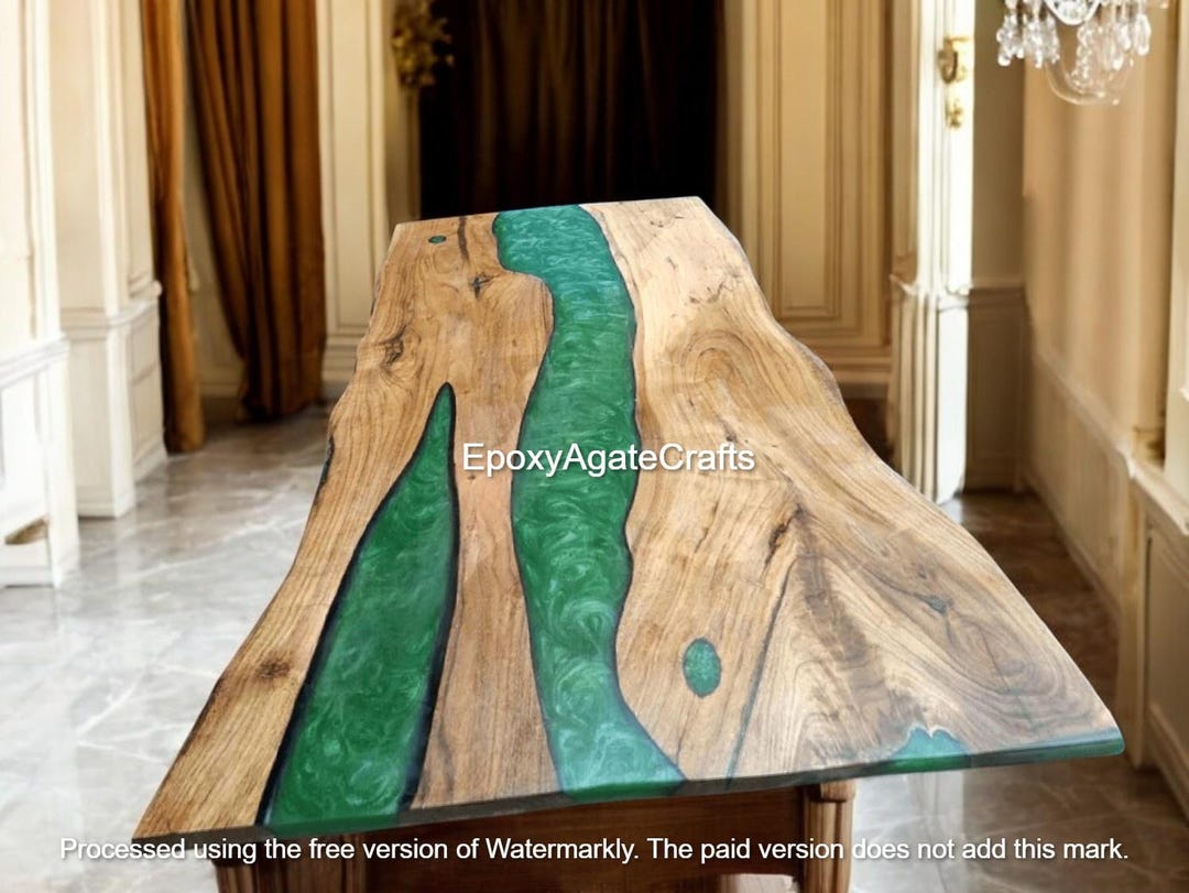 Green Epoxy Resin Center Table Live Edge Wooden Dining Table for Modern ...