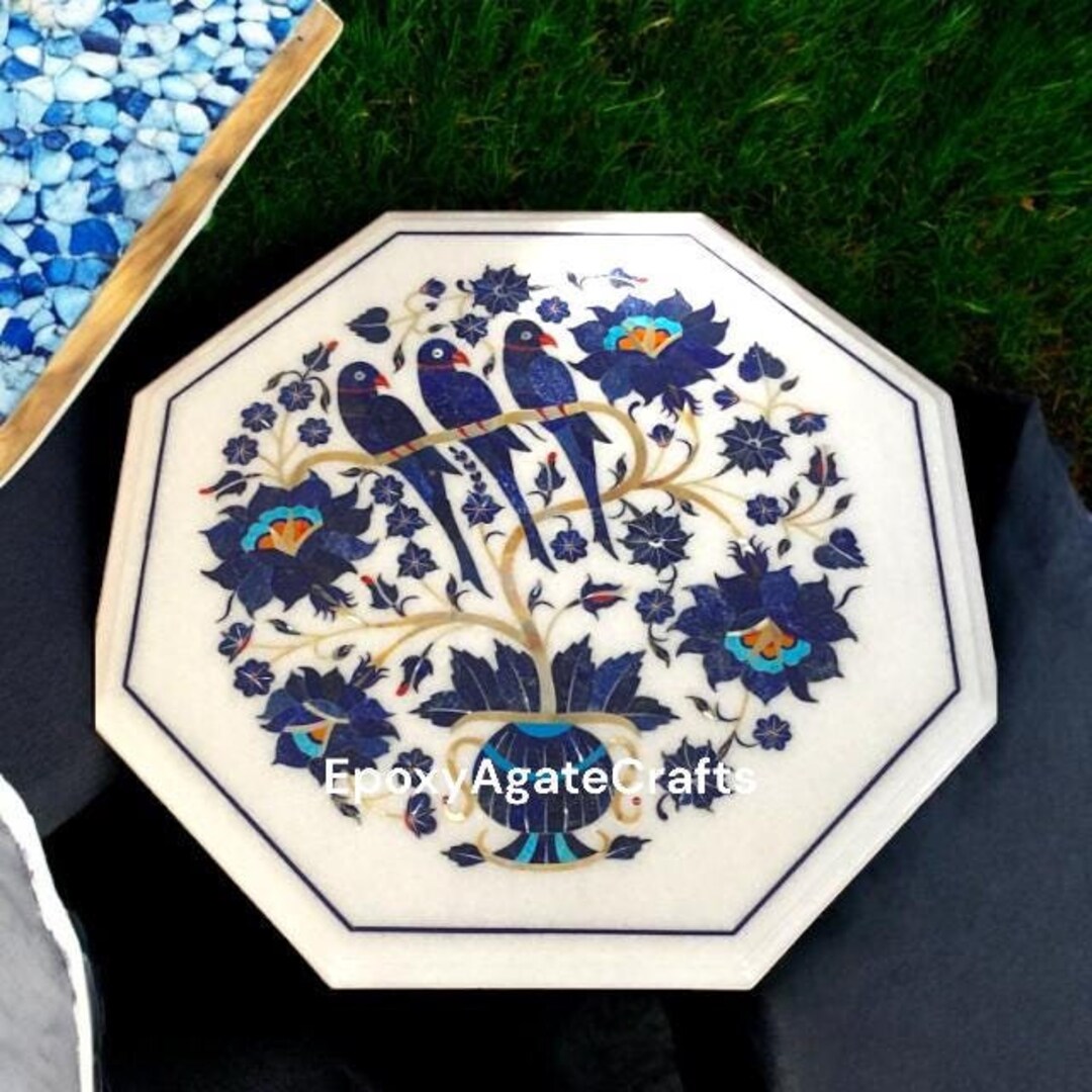 Octagon White Marble Centerpiece Coffee Table Lapis Lazuli Stone Parrot ...