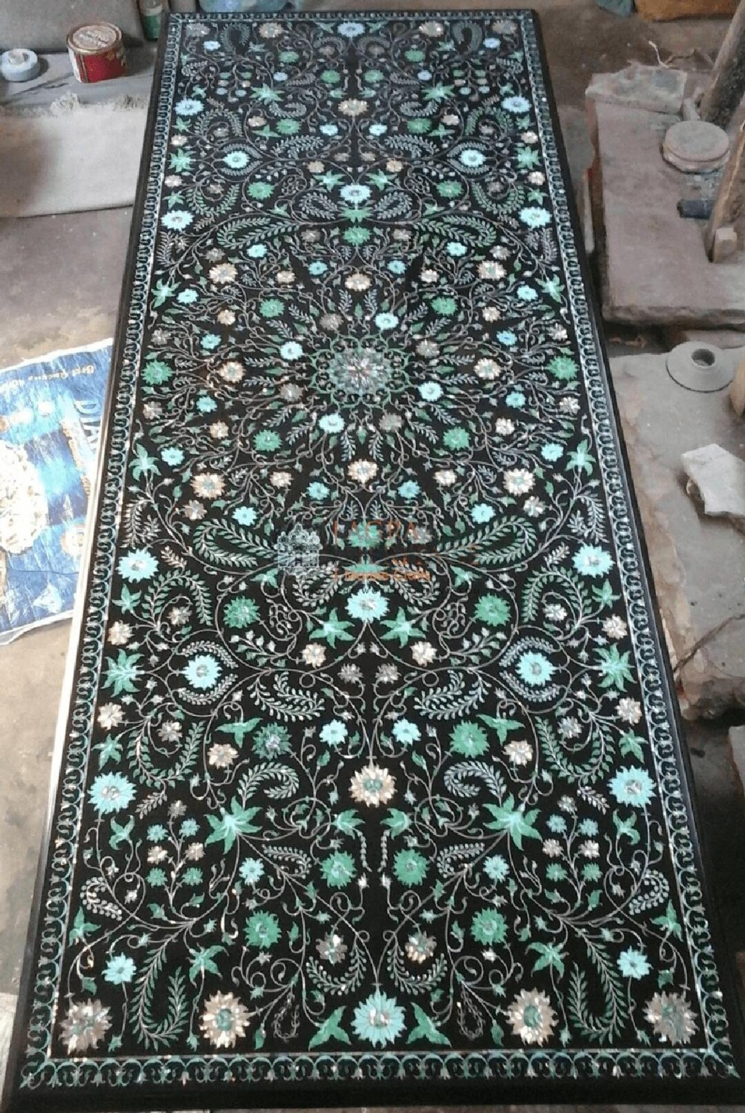 72x36 Black Marble Dining Table Top Malachite Floral Inlay Gemstone ...