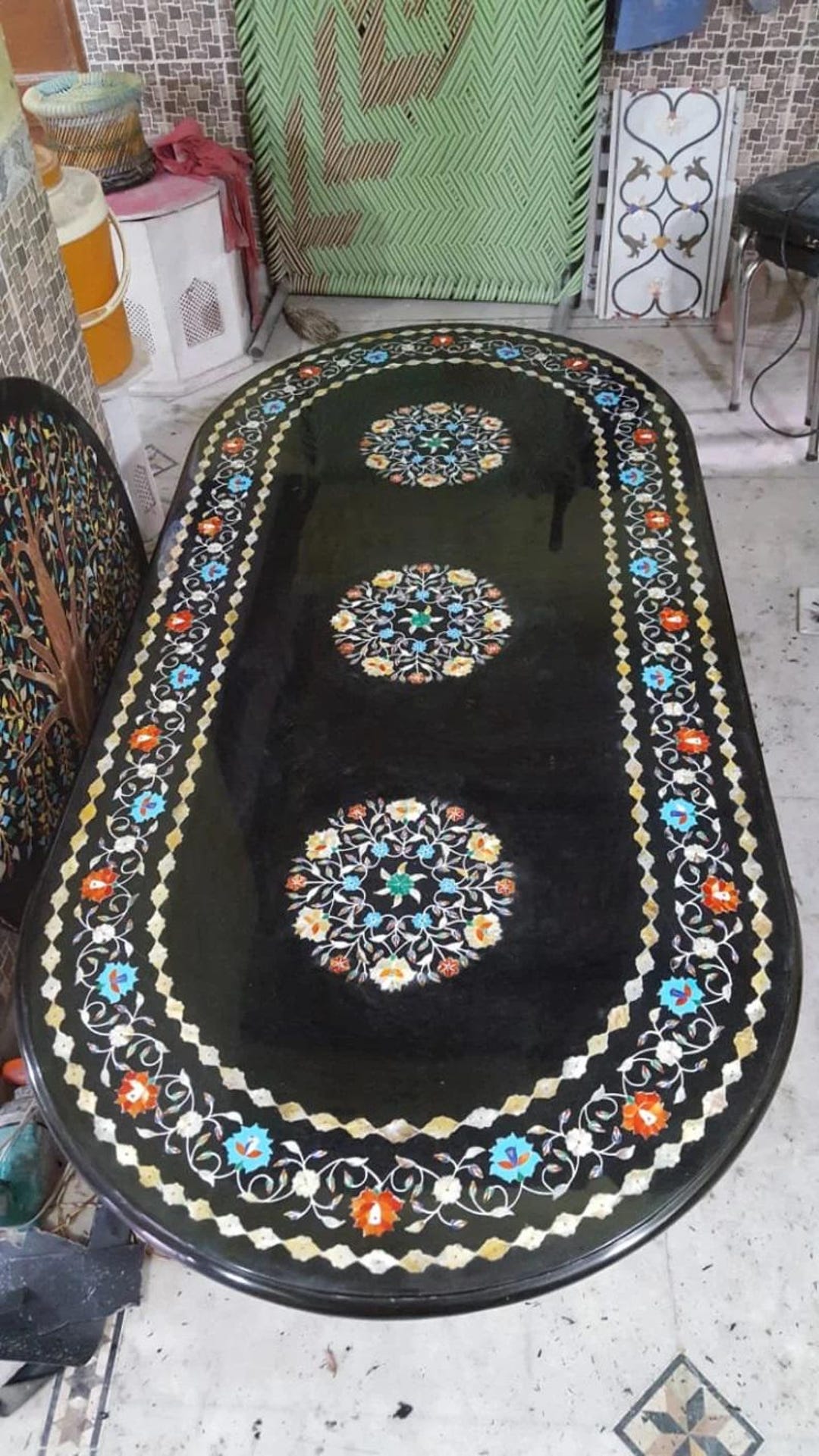 72x36 Black Marble Top Center Dining Table Semi Precious Inlay Gemstone ...