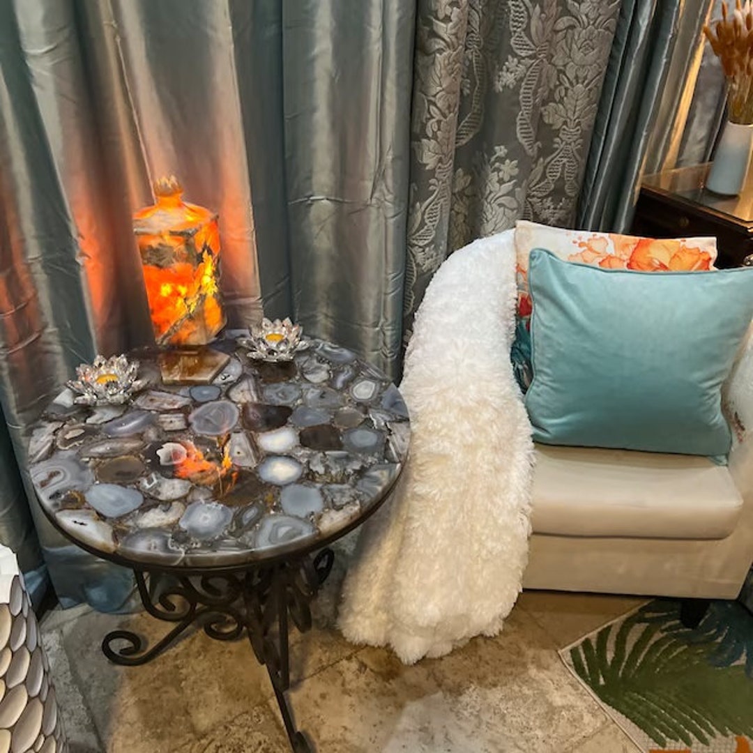 Round Wild Agate Stone Side Sofa Table Top Handmade Gemstone Agate ...