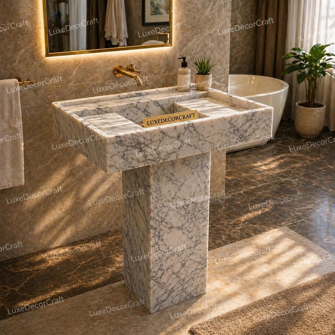 Luxury Carrara Marble Pedestal Sink, Solid White Marble Bathroom Vanity ...