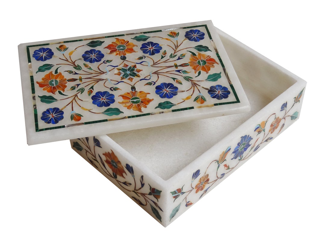 6x4x2 Rectangle White Marble Storage Lapis Floral Hakik Gemstone ...
