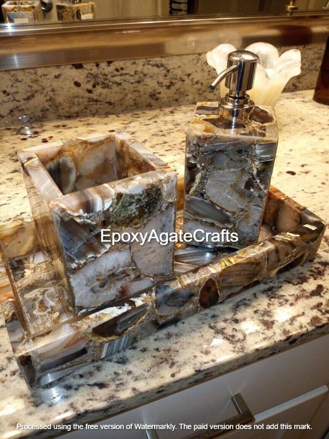 Handmade Agate Stone Bathroom Set: Soap Dispenser, Tray & Toothbrush ...