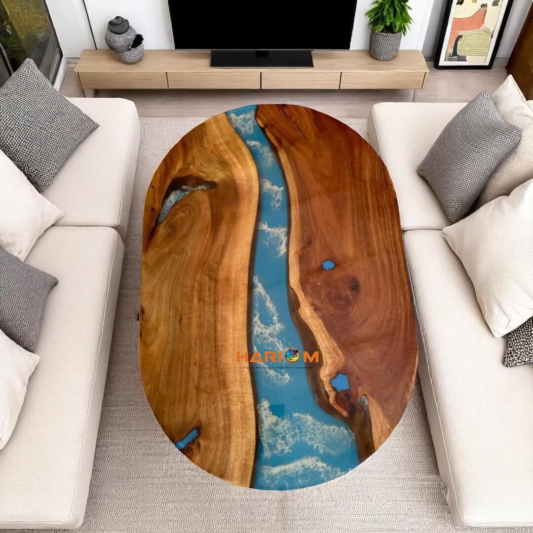 Oval Ocean Wave Epoxy Resin Dining Table Handmade Blue Sea-inspired ...