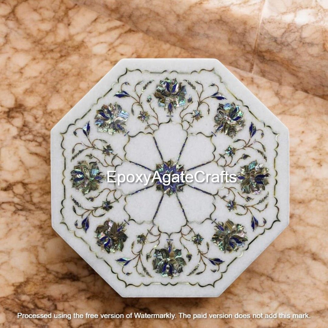 12" Octagon White Marble Tile Abalone Shell Stone Floral Marquetry Arts ...