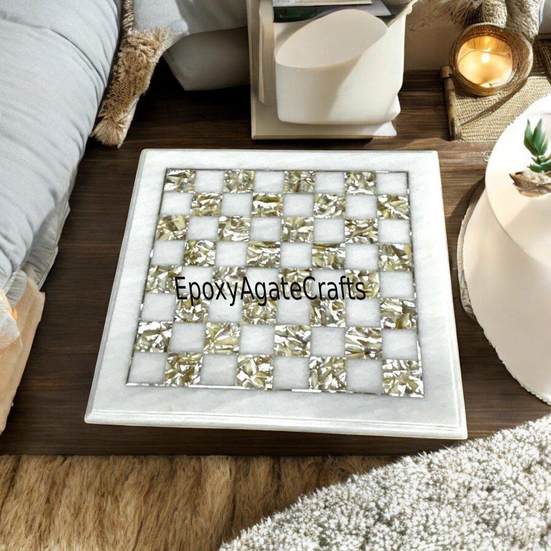 White Marble Centerpiece Chess Table Handmade Mop Inlay Mosaic Arts ...