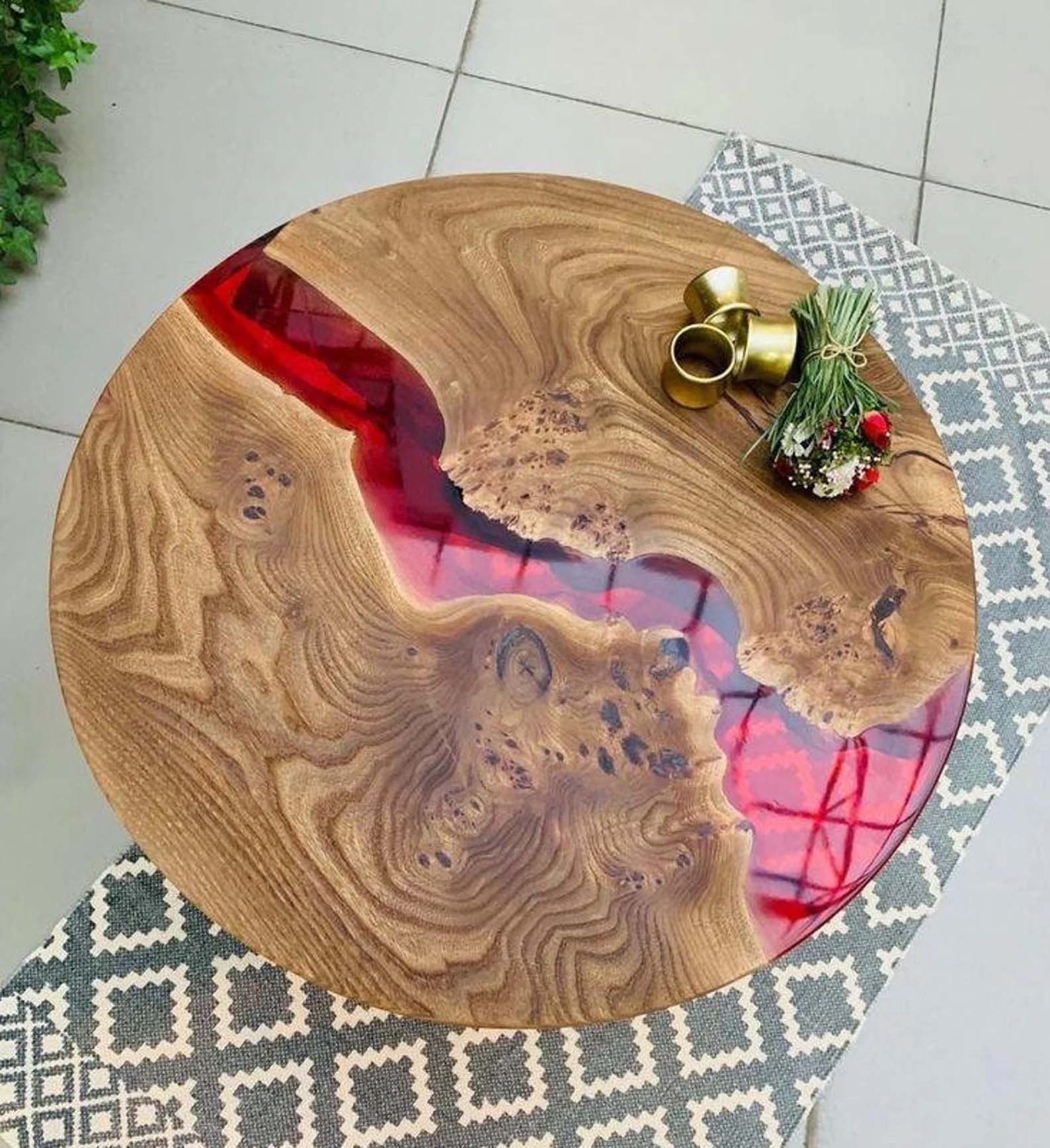 Custom Made Red Epoxy Resin Top Center Sofa Coffee Table Tops, Handmade ...