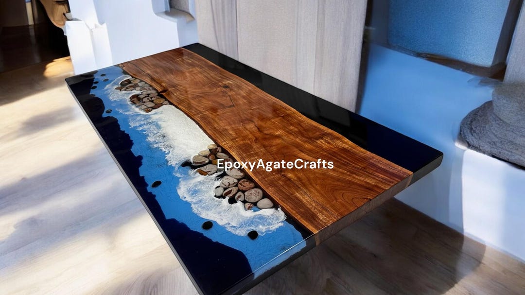 Elegant Blue Ocean Wave Epoxy Resin Sofa Dining Table Natural Acacia ...